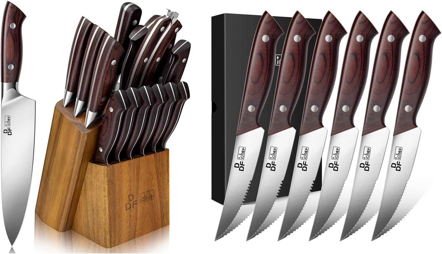 Amazon.com: DDF iohEF Kitchen Knife Set 16 PCS and Steak Knife Set 6 ...