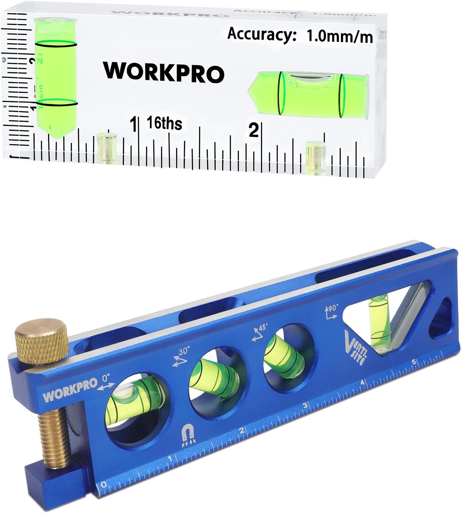 WORKPRO Torpedo Level, Magnetic, Verti. Site 4 Vial+Small Level, 3 Inch ...