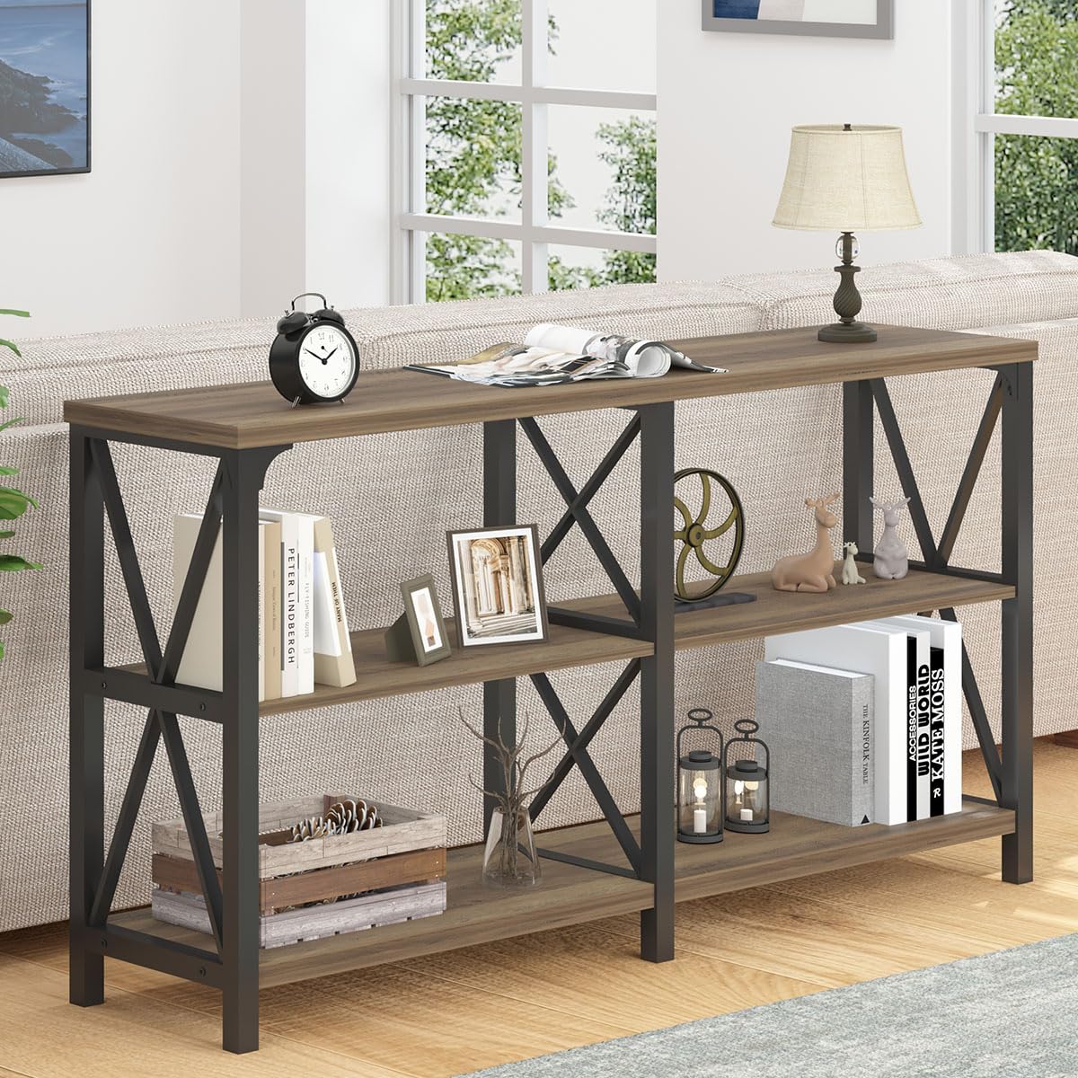 LVB Wood Entryway Table, Industrial Metal Sofa Table with Storage Shelf ...