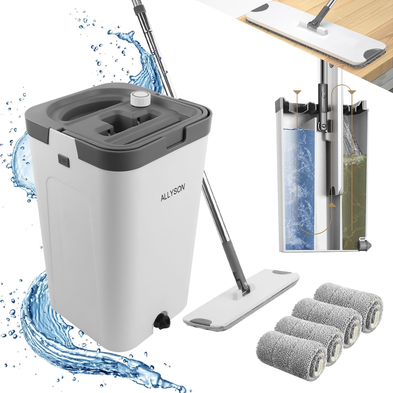 Allyson® Wischmopp Set Bodenwischer inkl. 4 Mops, 3-Kammer Wischmopp ...