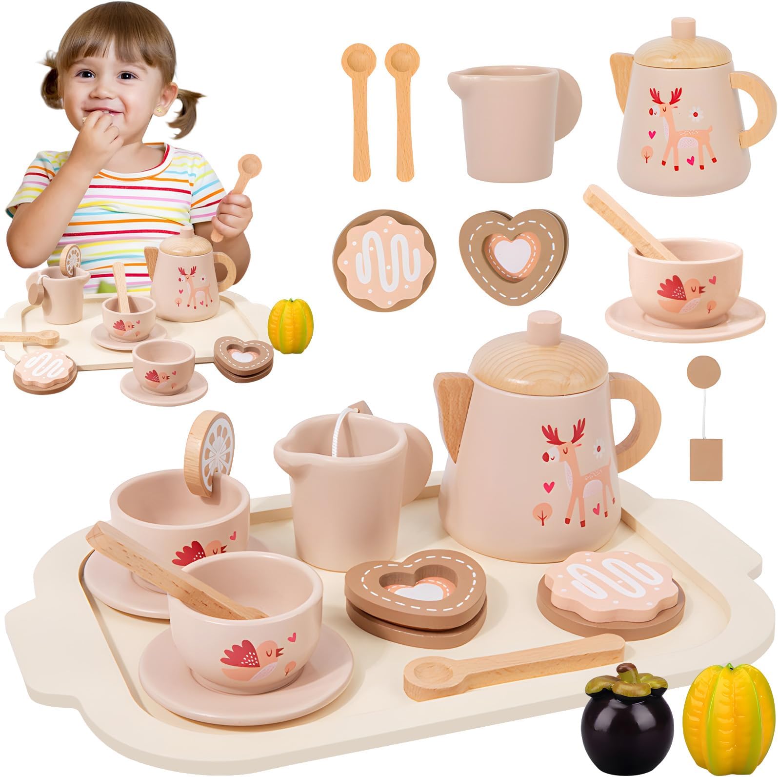 IEATFO Tea Party Set for Kids Wooden Tea Set for Little Girl and Boy ...
