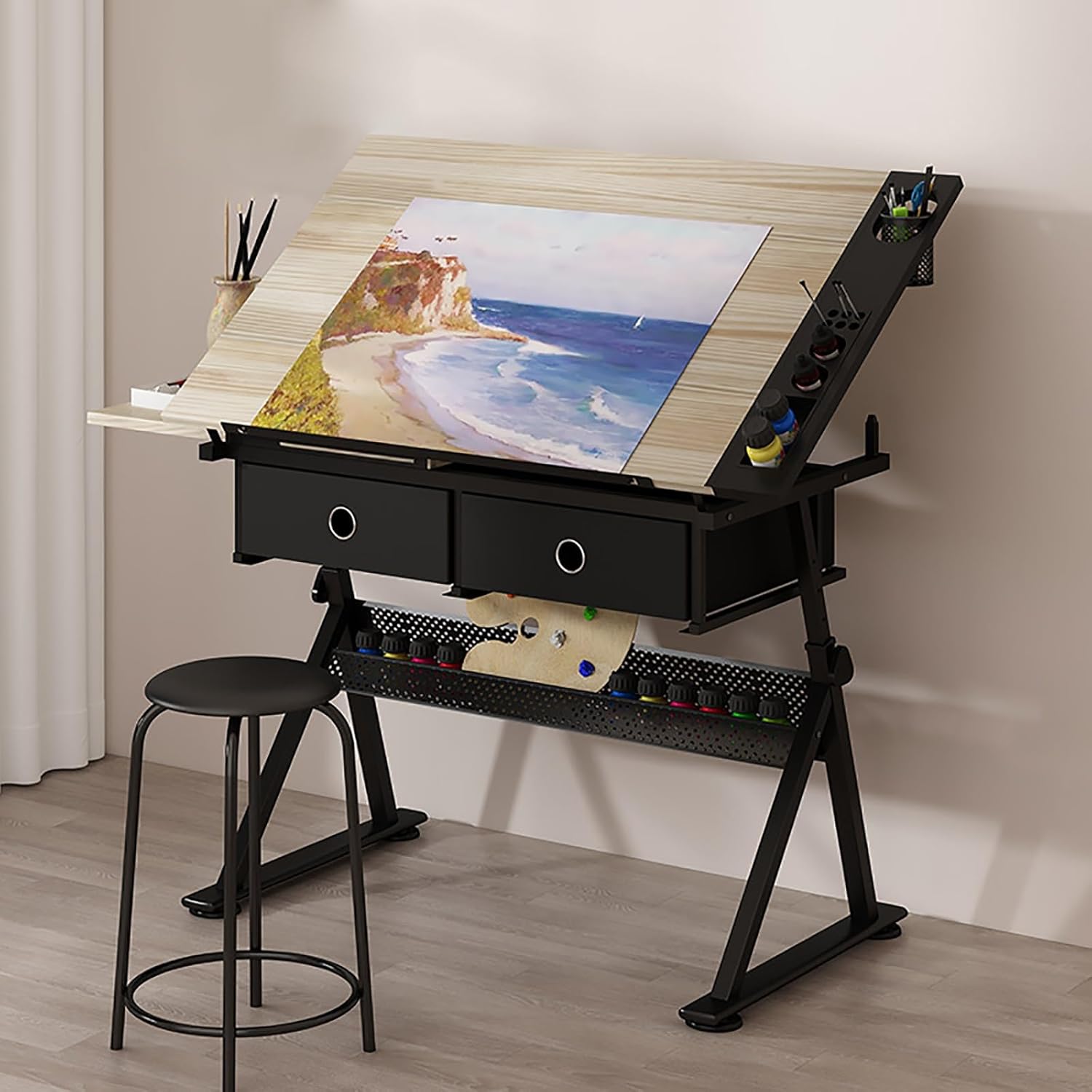 Vintage Wood Drafting Table & Stool Set - Adjustable Height & 0°-80 ...