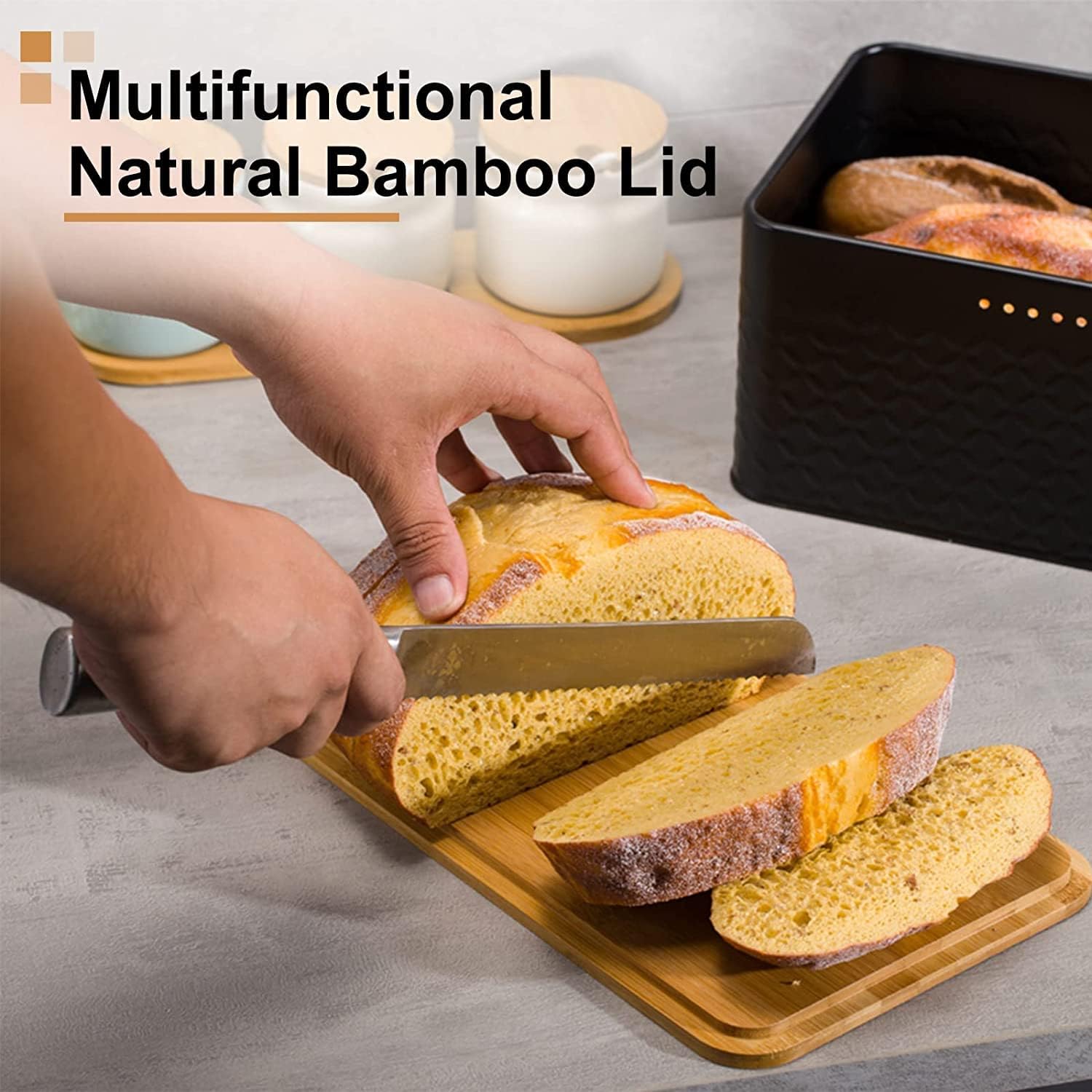 Bread Box for Kitchen Countertop – Black Bread Container with Bamboo ...