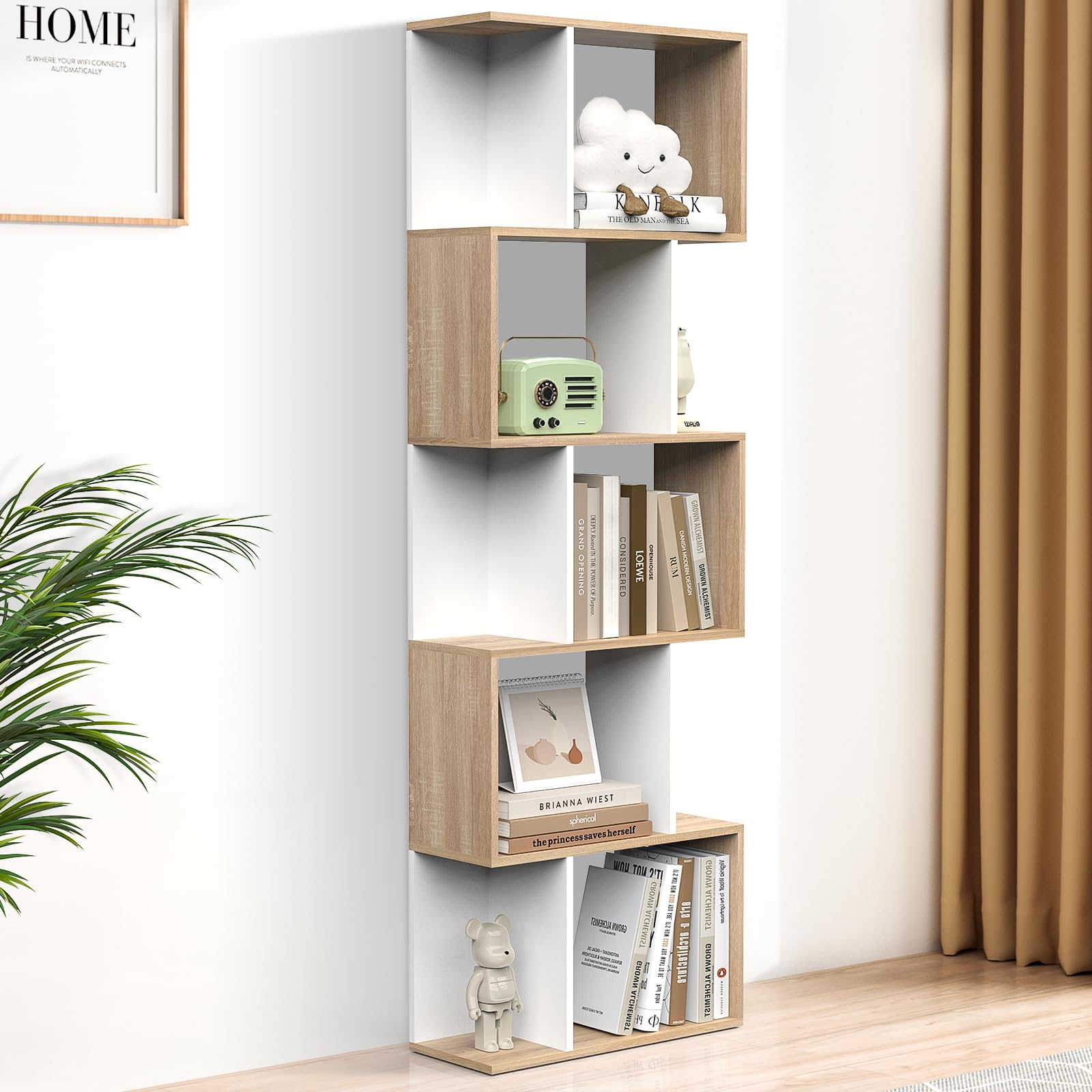 ADVWIN 5-Tier Bookshelf, Wooden Bookcase Modern Display Shelf S-Shaped ...