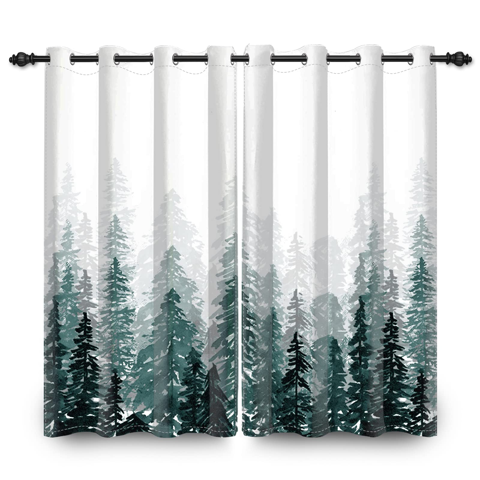 Amazon.com: Renaiss Watercolor Forest Decorative Window Curtains Green Forest Pine Trees Window ...
