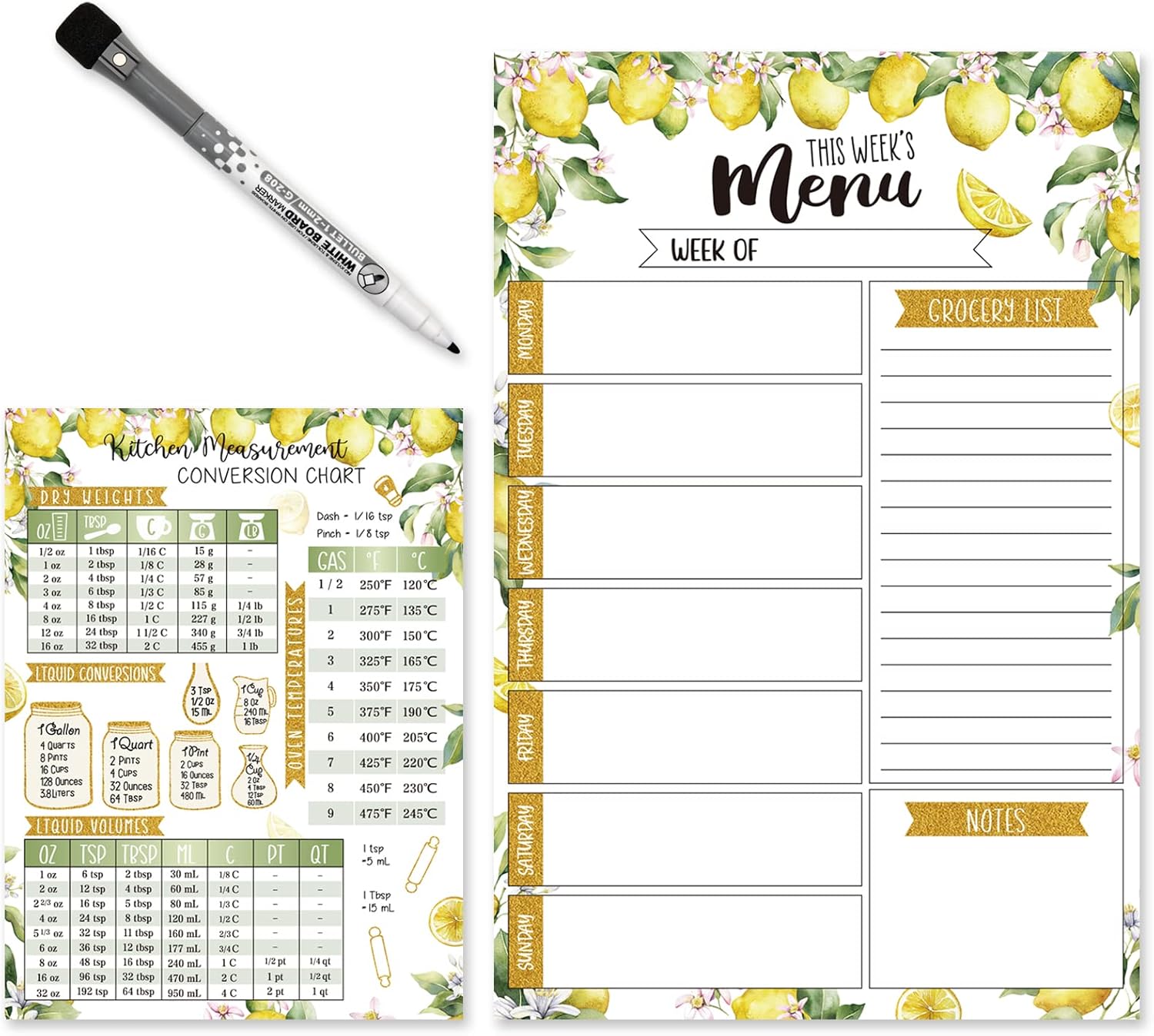 Magnetic Meal Planner for Refrigerator - Lemon Floral Magnetic Weekly ...