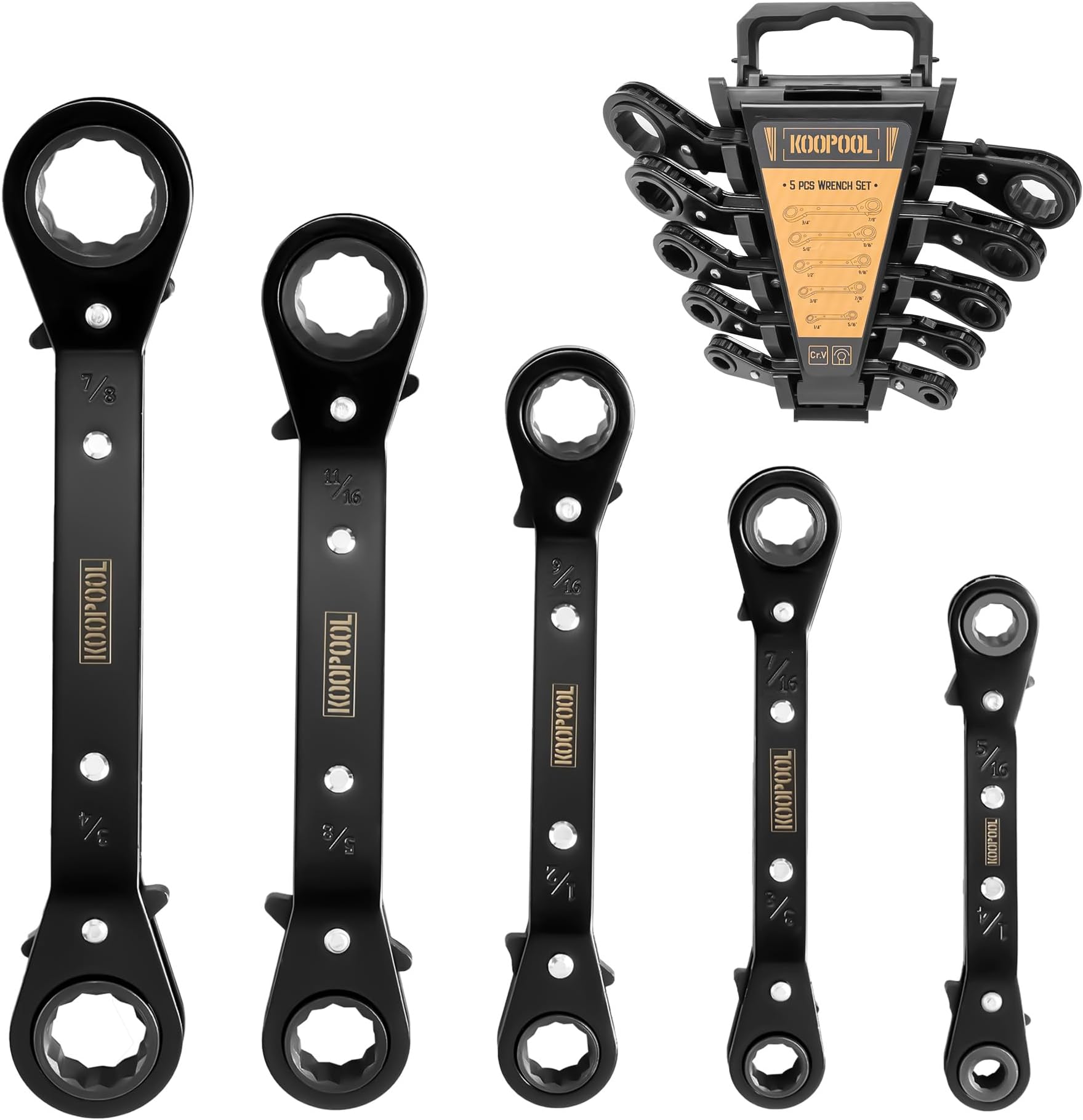 KOOPOOL SAE Ratchet Box Wrench Set - 5 Piece Offset Reversible Wrench ...