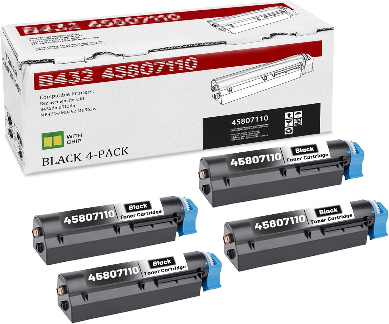 Amazon.com: IGUGNIK 4-Pack B432 45807110 High Yield Black Toner ...