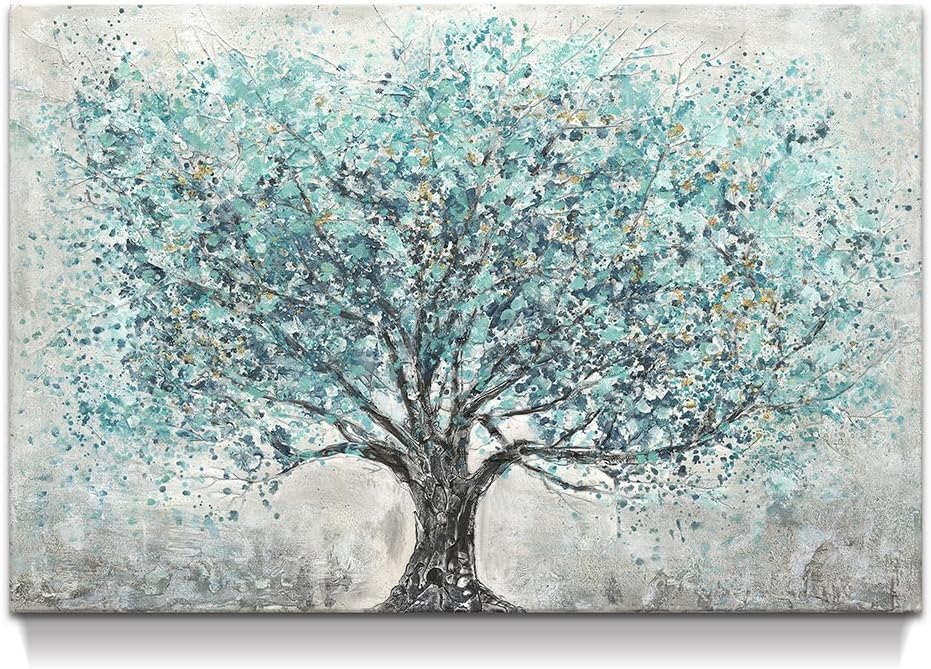 Amazon.com: Abstract Landscape Canvas Wall Art: Teal Blue Blossm Tree ...