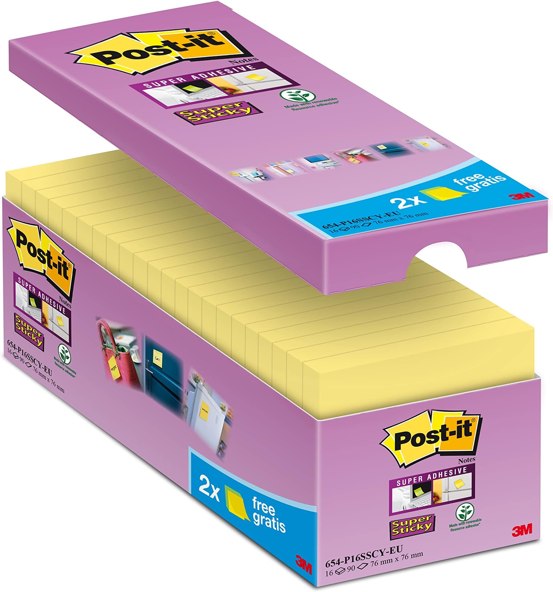 Post-it Super Sticky Notes, Canary Yellow, 76 mm x 76 mm, 90 Sheets/Pad ...