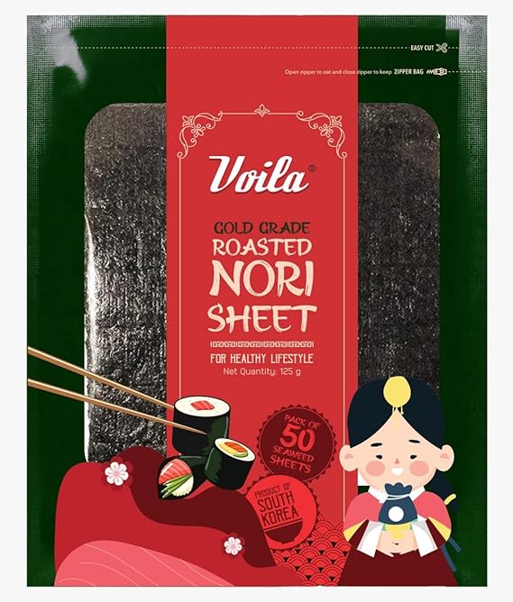 Voila Sushi Nori Sheet Roasted, Resealable 125gm | Gold Grade 50 Full ...