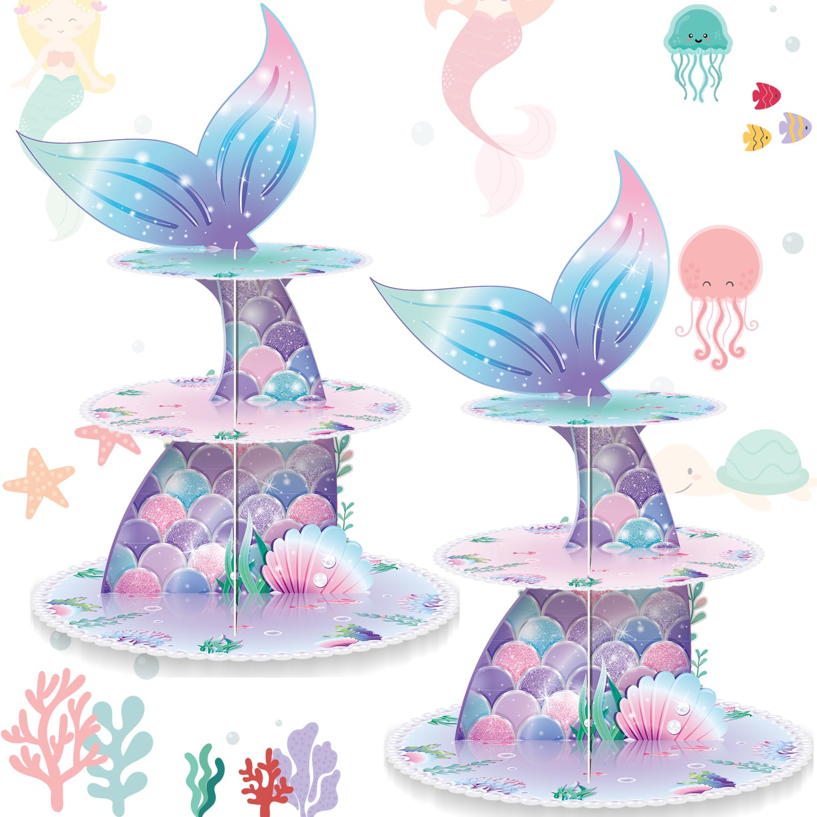 Amazon.com: Zopeal 2 Pcs 3 Tier Mermaid Cupcake Stand Party Decorations ...
