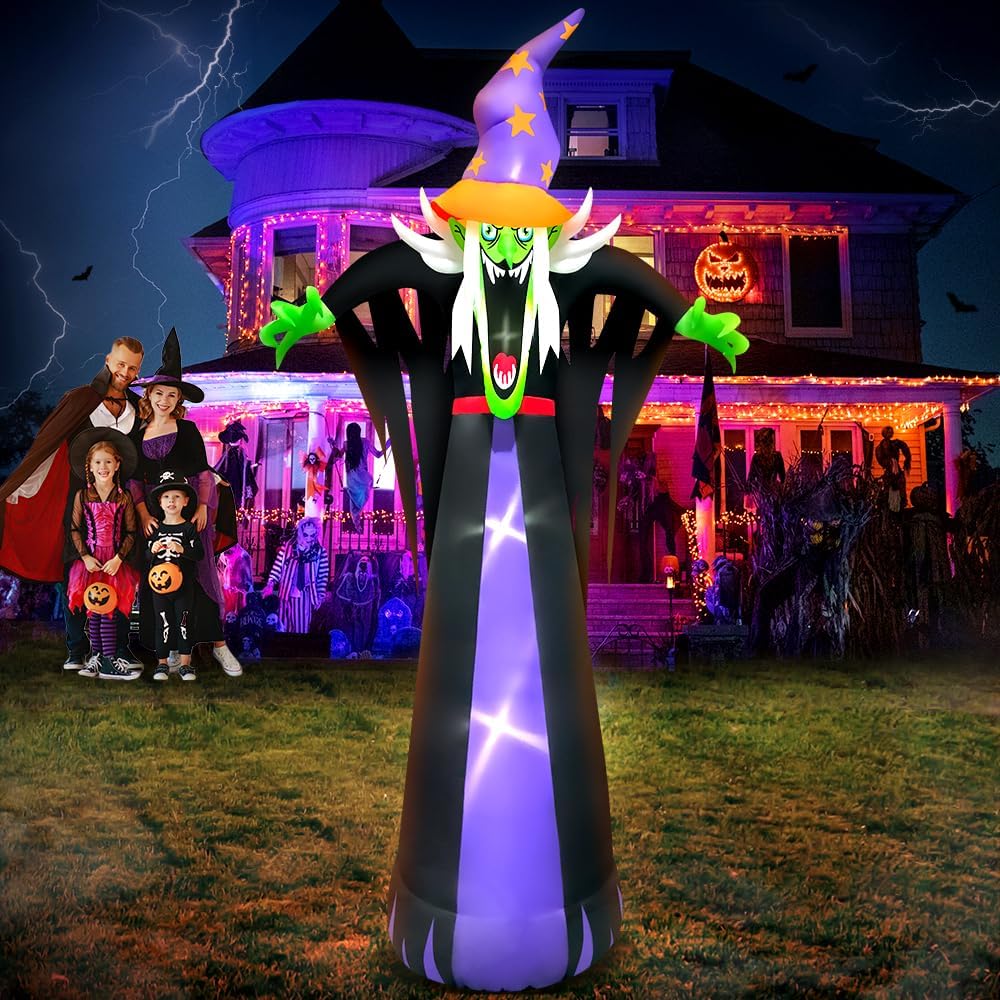 KOOY 10FT Halloween Inflatable Scary Witch Hat with Led Light, Outdoor Decorations, Blow Up ...