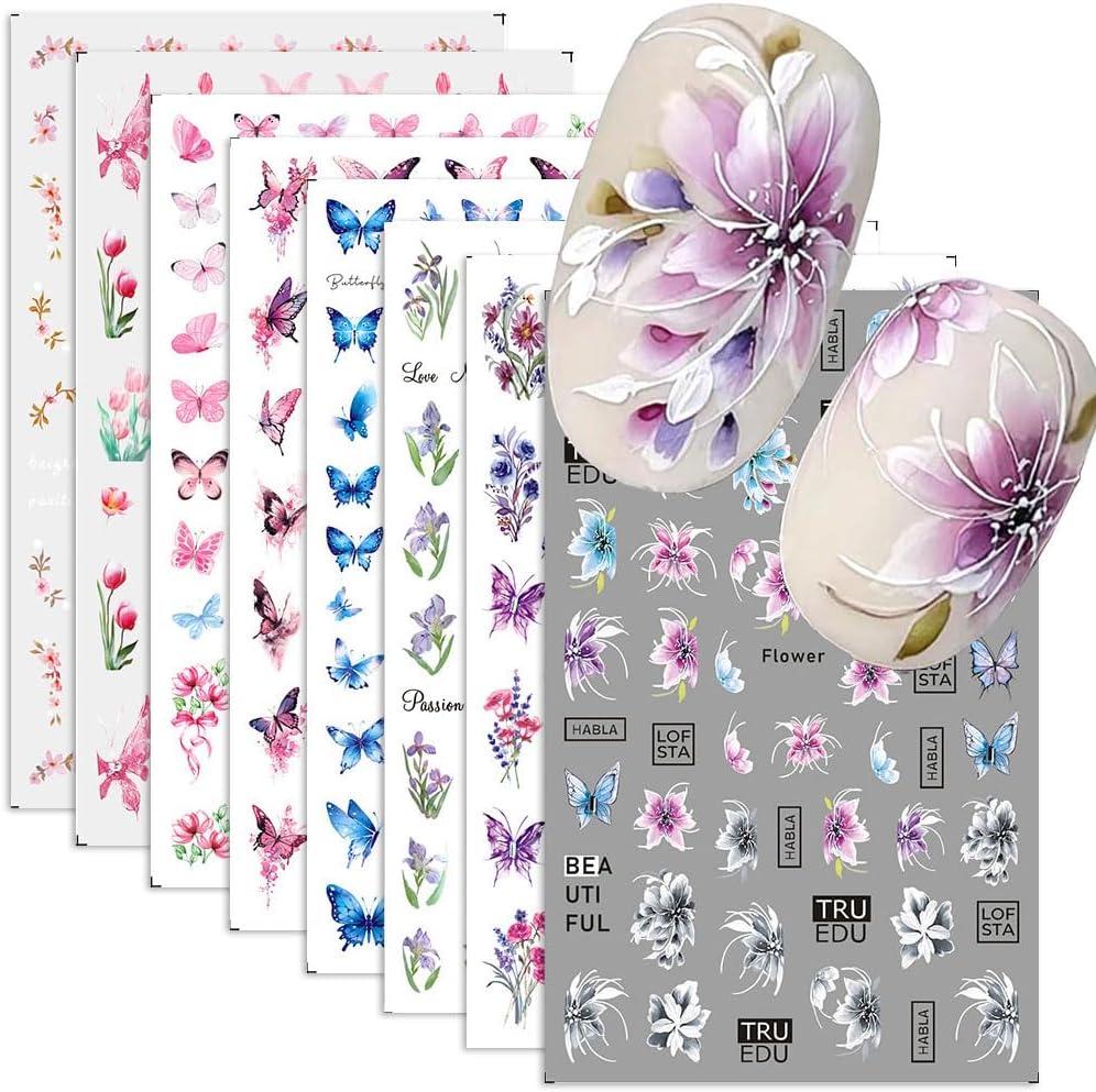 Amazon.com: 8pcs 3D Flower Nail Stickers Colorful Butterfly Nail Art ...