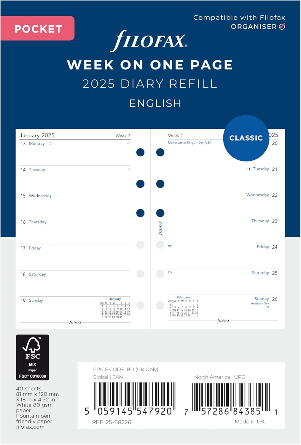 Filofax Calendar Diary Refill, Pocket Size, Week on One Page, White ...