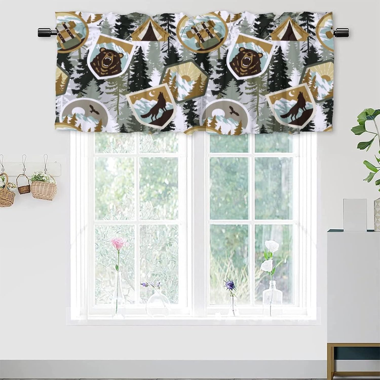 Amazon.com: Abstract Cabin Woodland Wildlife Rod Pocket Valance ...