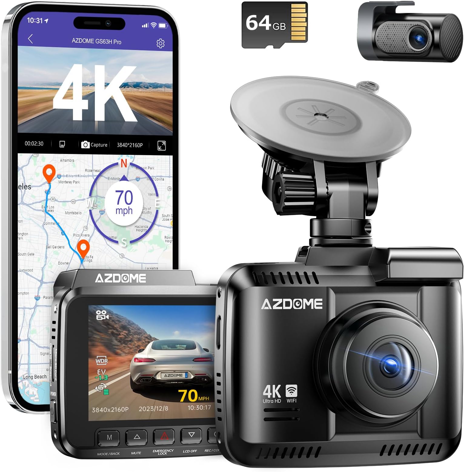 Amazon.com: AZDOME WiFi 4K Dash Cam Front and Rear, 4K+1080P Dual Dash ...