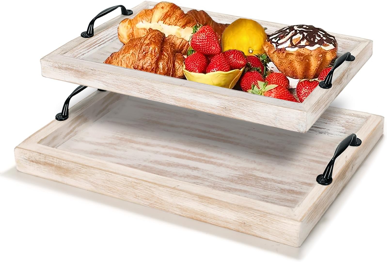 Amazon.com: MyGift White Washed Solid Wood Large Serving Tray Breakfast ...