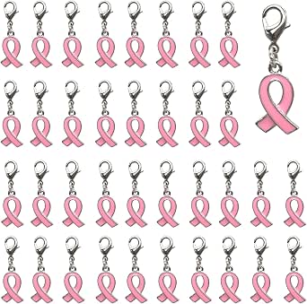 Juthfer 50 pieces Breast Cancer Awareness Pink Ribbon Pendant Charms ...