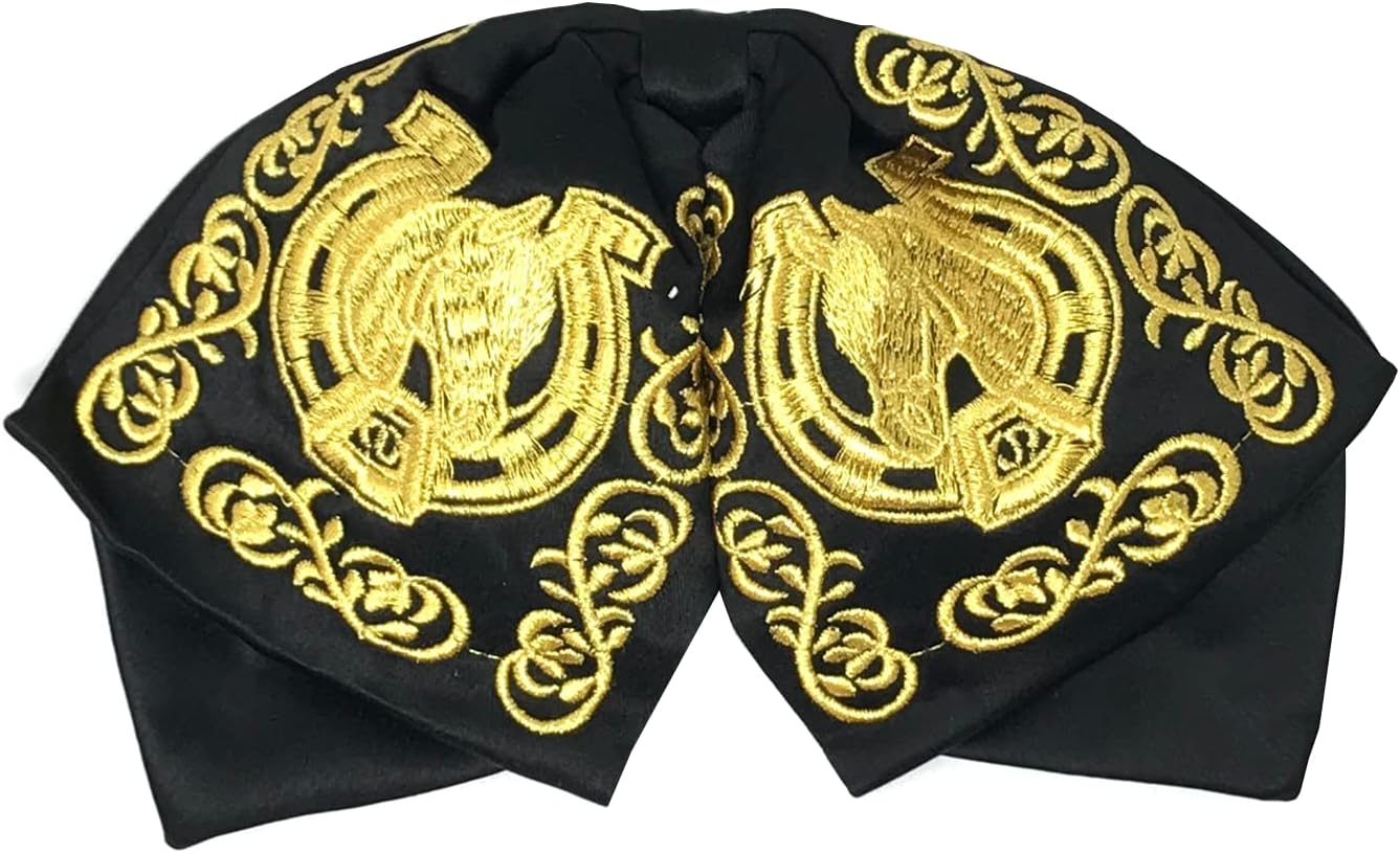 Mexican black charro classic bow ties with golden horse and horse shoe ...