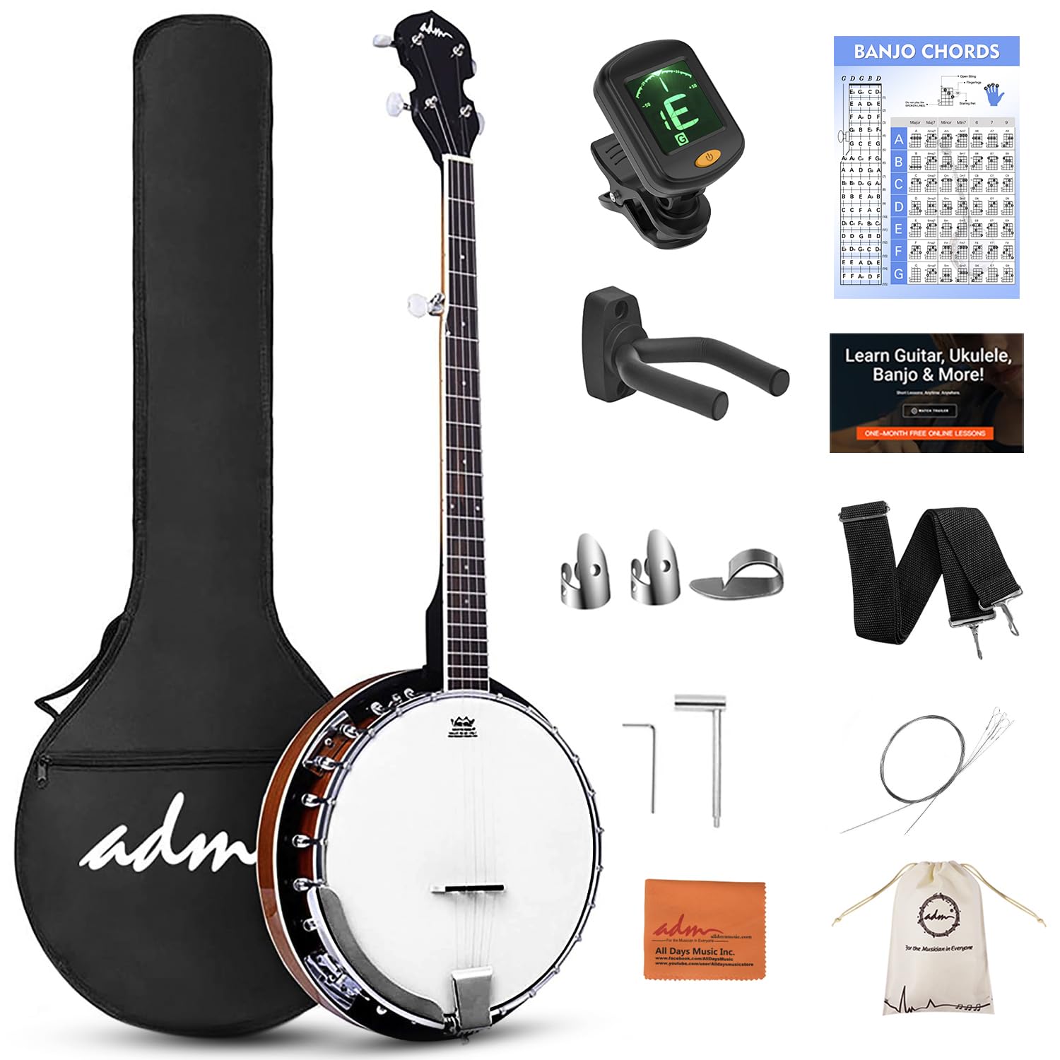 Amazon.com: ADM Banjo 5 String Full Size Banjoes Set, 38 Inch Beginner ...