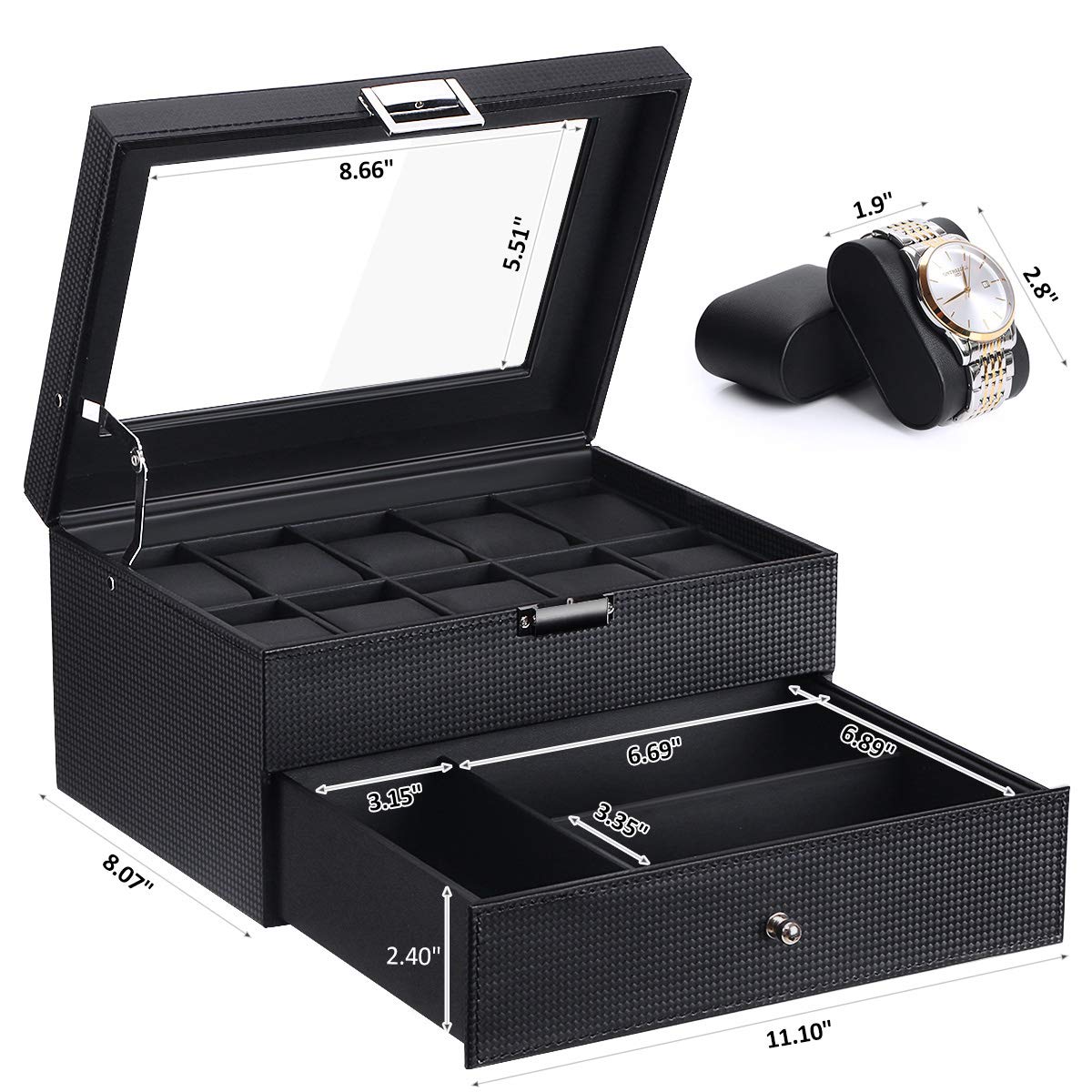 BEWISHOME Watch Box Organizer with Valet Drawer - Real Glass Top, Metal ...