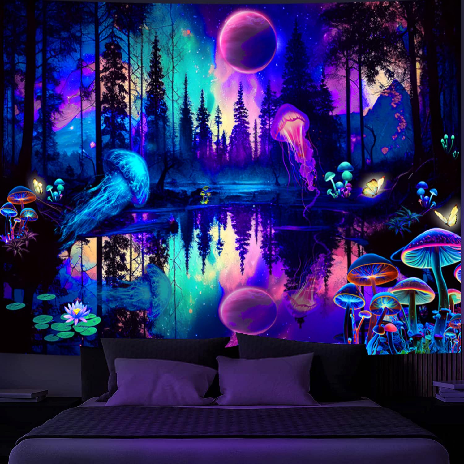 Simpkeely Fantasy Forest Jellyfish Tapestry, Blacklight Colorful ...