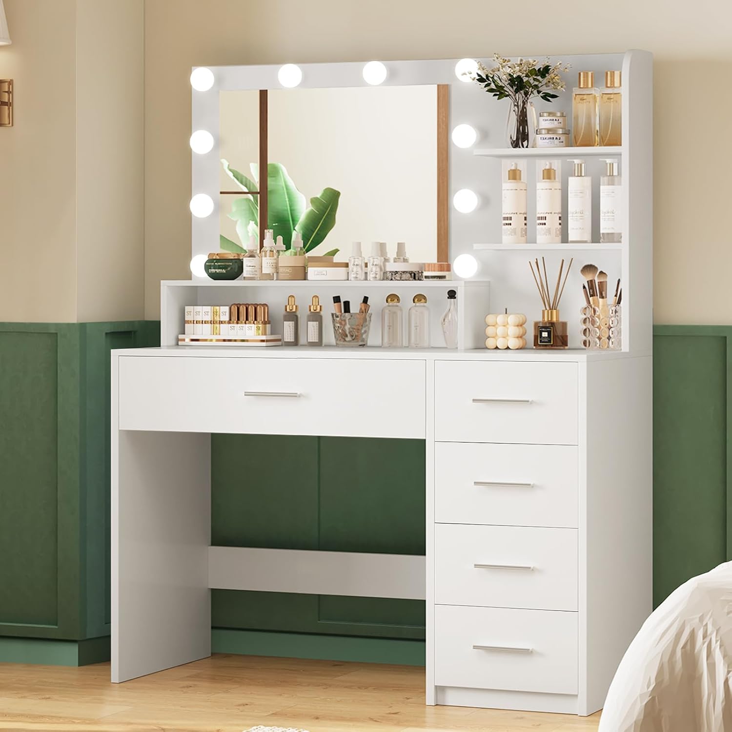 Amazon.com: Quimoo Vanity Desk with Mirror & Lights, Makeup Vanity with ...