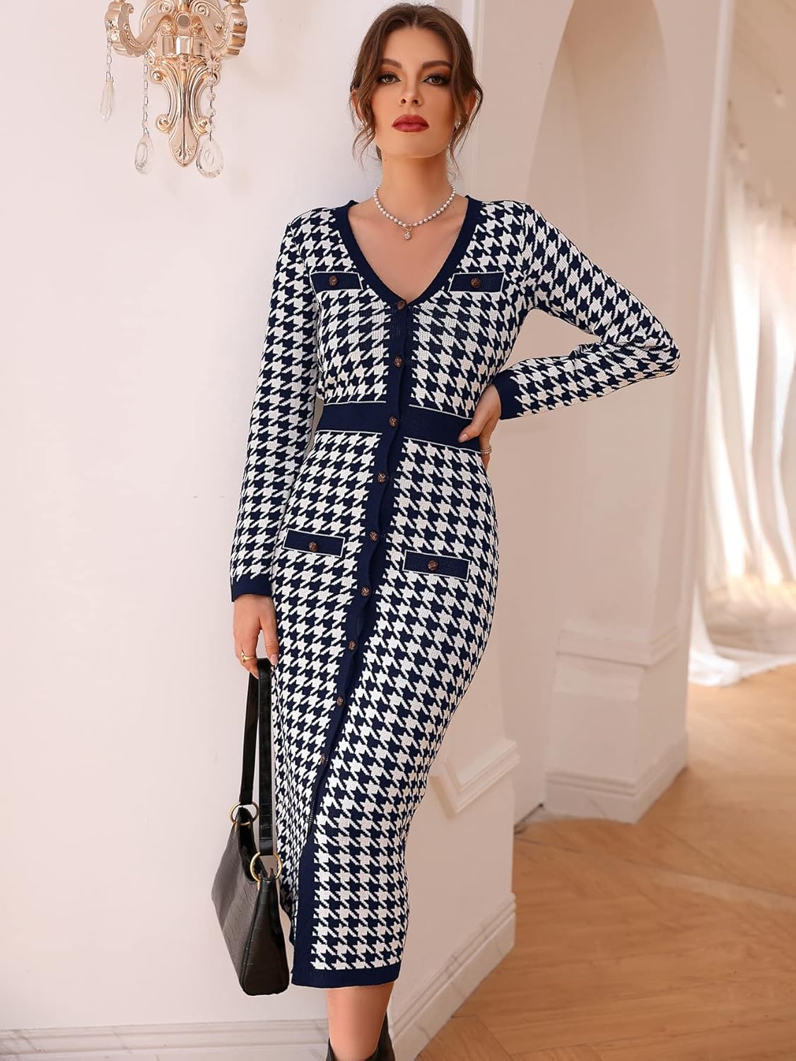 Amazon.com: TLULY Sweater Dress for Women Houndstooth Button Front ...