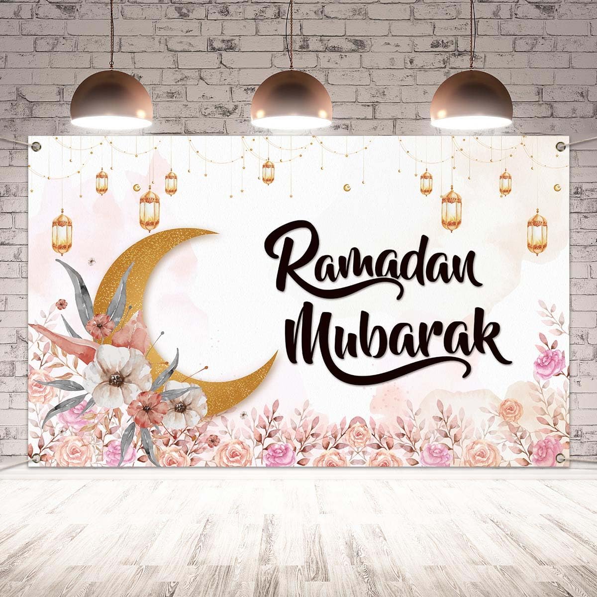 Amazon.com : Watercolor Lantern Moon Flower Ramadan Mubarak Backdrop ...