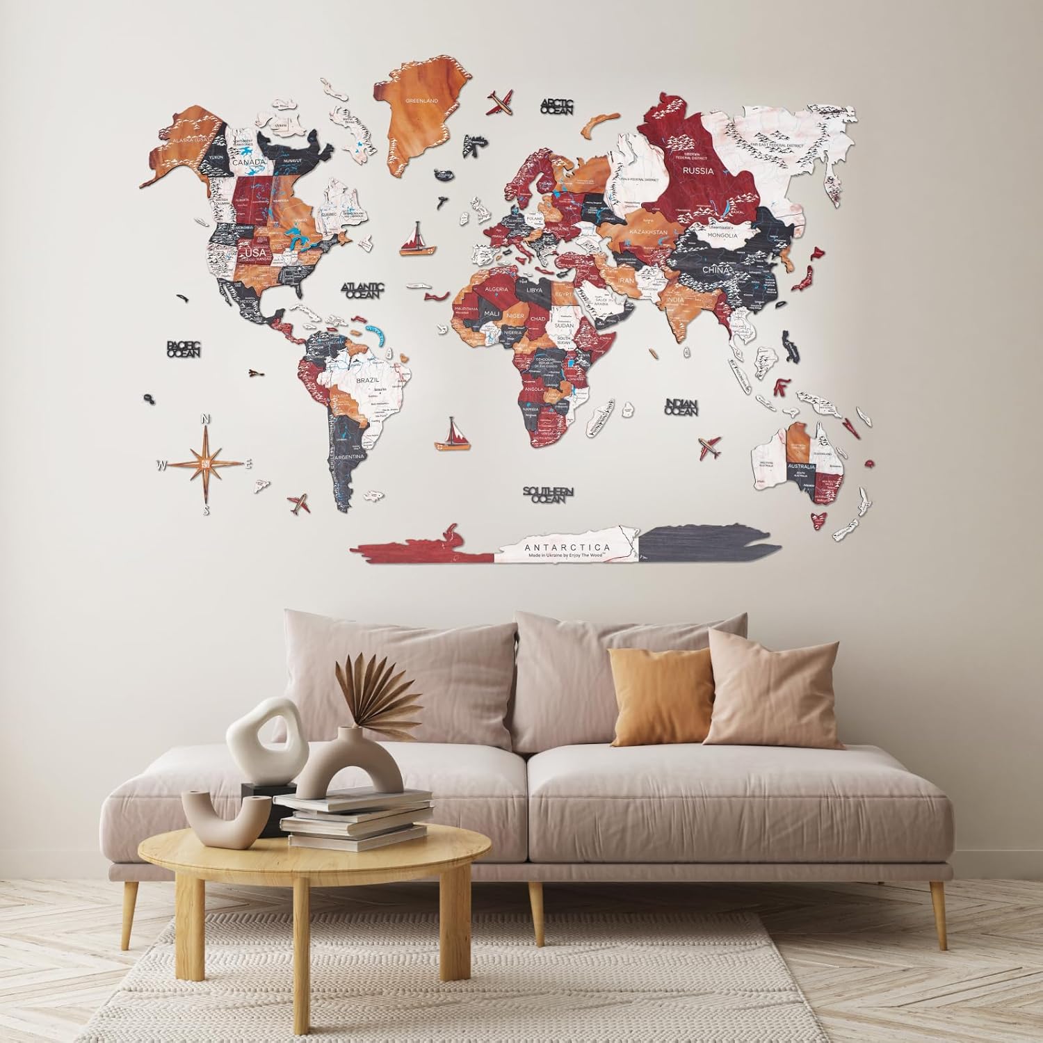 Amazon.com: ENJOY THE WOOD Colored World Map Wood Wall Art With Rivers ...