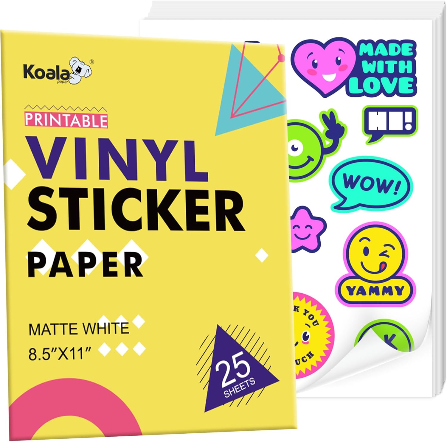 Koala Printable Vinyl Sticker Paper for Inkjet and Laser Printers, 25 ...