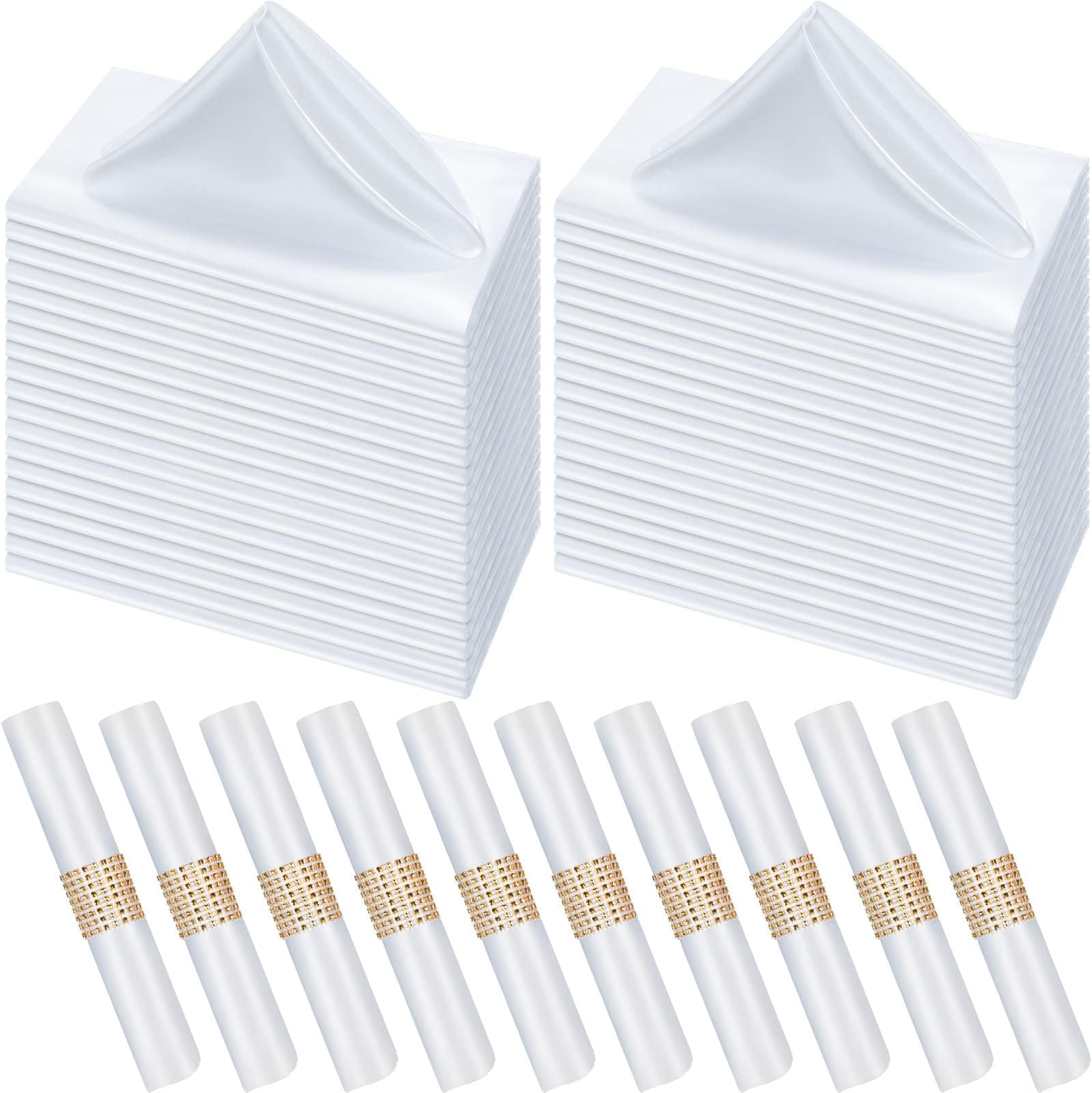 Amazon.com: 100 Pack Satin Napkins Cloth with Gold Napkin Rings 17 x 17 ...