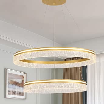 2 Ring Pendant Light Modern LED Chandelier with Remote Gold Ring ...