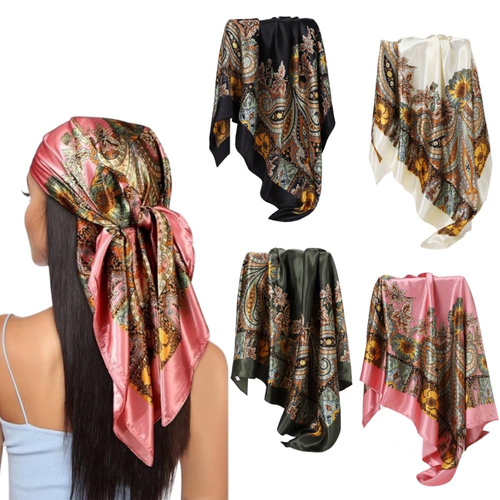 KARBAG 4 Pack Large Square Satin Head Scarf, 35" Silk Hair Scarf Head ...