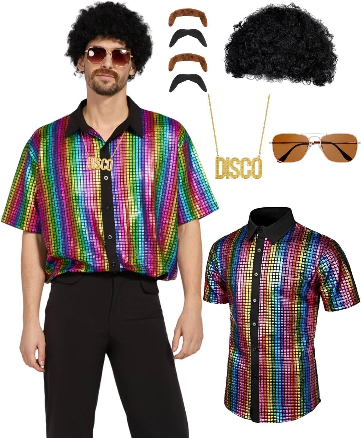 70s Disco Costume Set Hippie Men's Outfit with Tops Glasses False ...