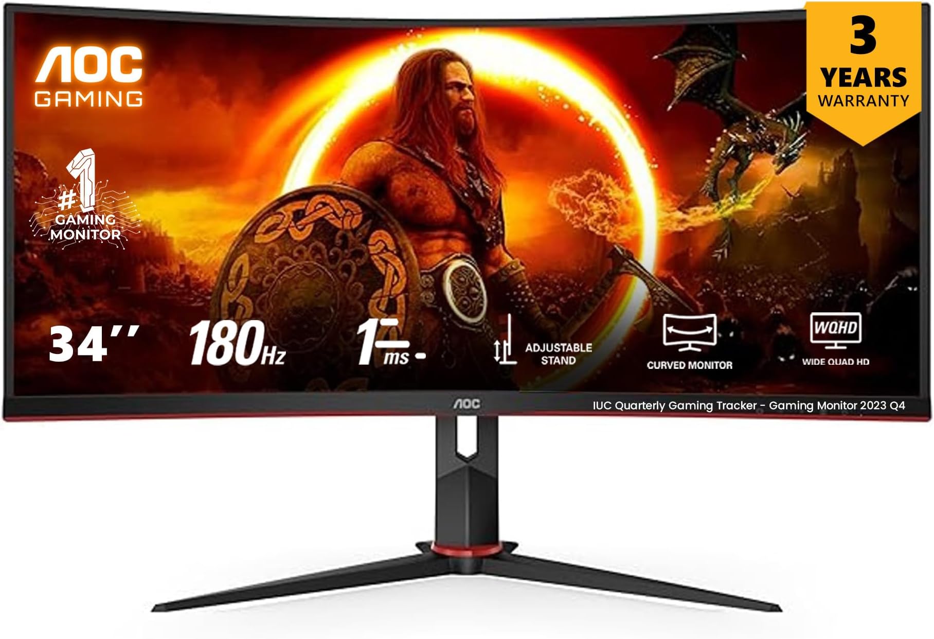 AOC CU34G2XP/BK 34 Inch Gaming Monitor Ultra QHD, 1440p, 180Hz, 1.0ms ...