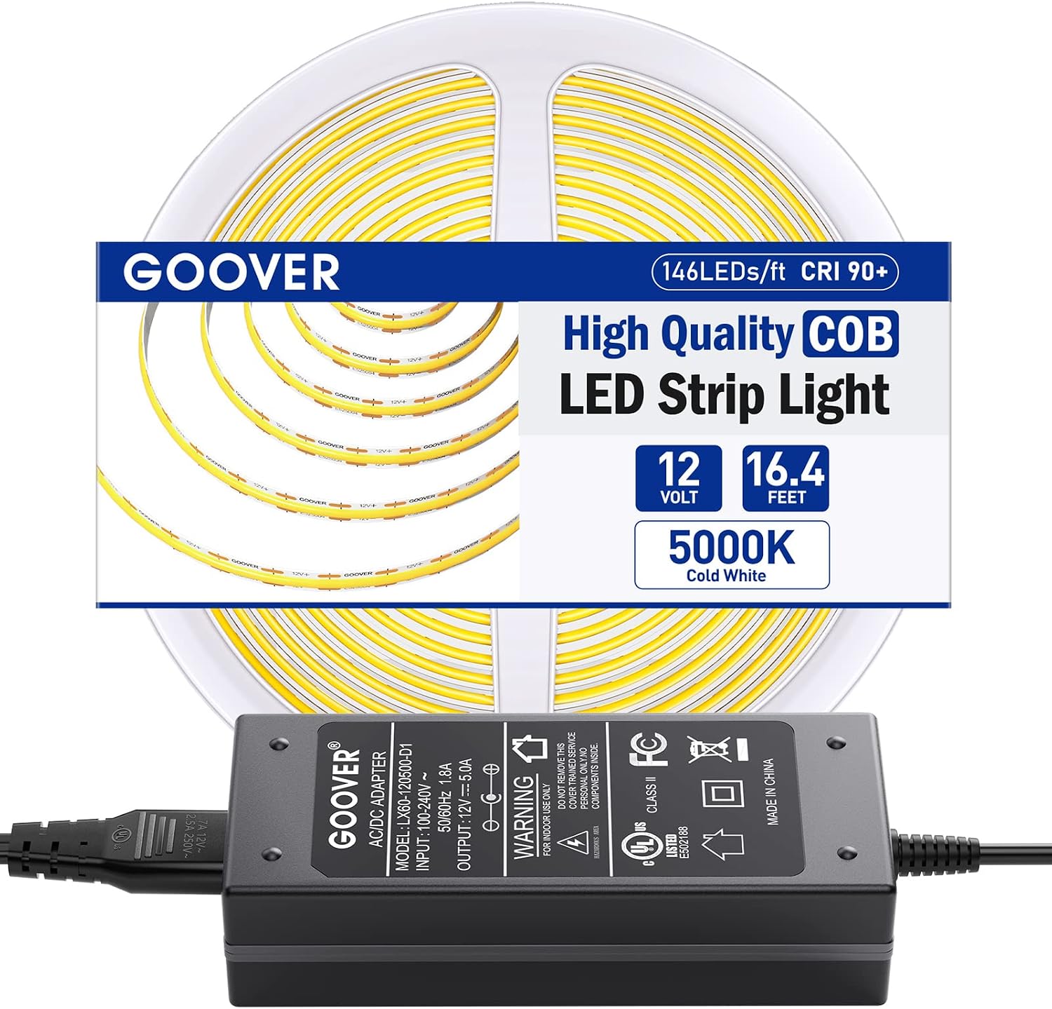 Amazon.com: GOOVER COB White LED Strip Lights,5000K Tape Light,DC 12V ...