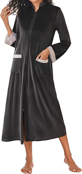 Ekouaer Women Zip Up Robe Fleece House Coats Full Length House Dress ...