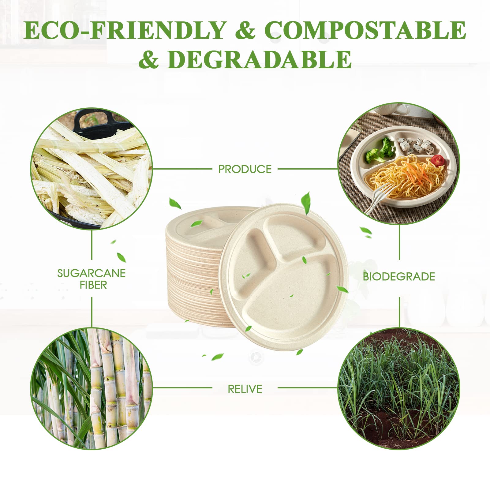 Vplus 100% Compostable Paper Plates, 125 Pack 9 Inch 3 Compartment ...