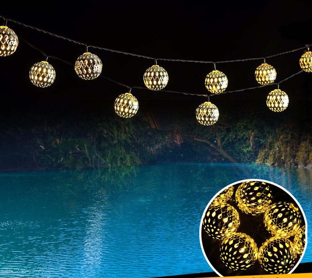 AMZSTAR Solar Metal String Lights, 10 LEDs Silver Ball Warm White Light ...