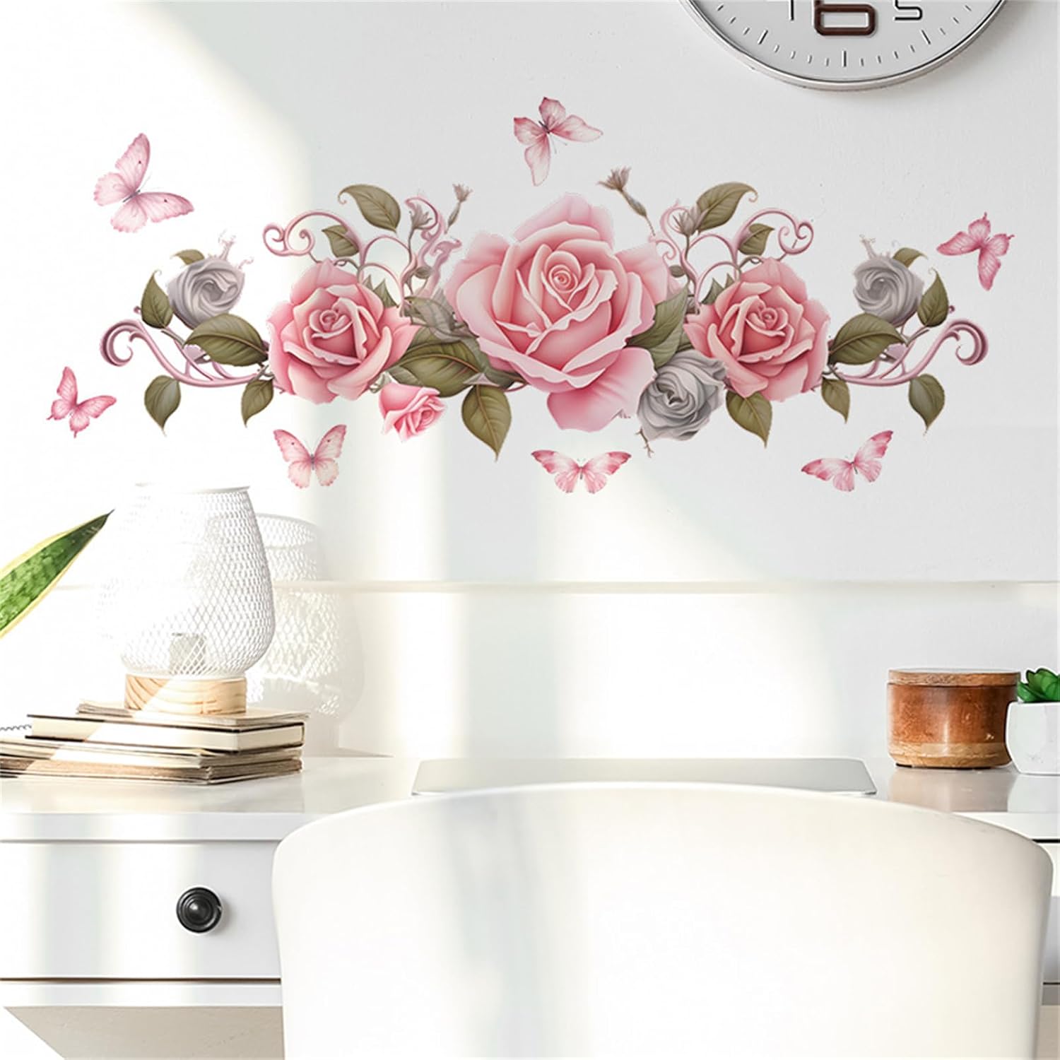 Amazon.com: WOHAHA Pink Rose Vine Wall Sticker Pink Butterfly Flower ...