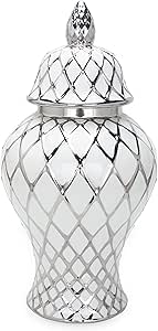 Amazon.com: White and Silver Ceramic Decorative Ginger Jar Multi Color ...