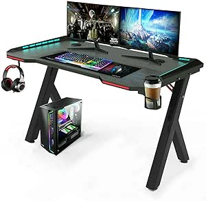Gaming Desk, Computer Desk Large PC Tables with RGB LED Lights Mouse ...