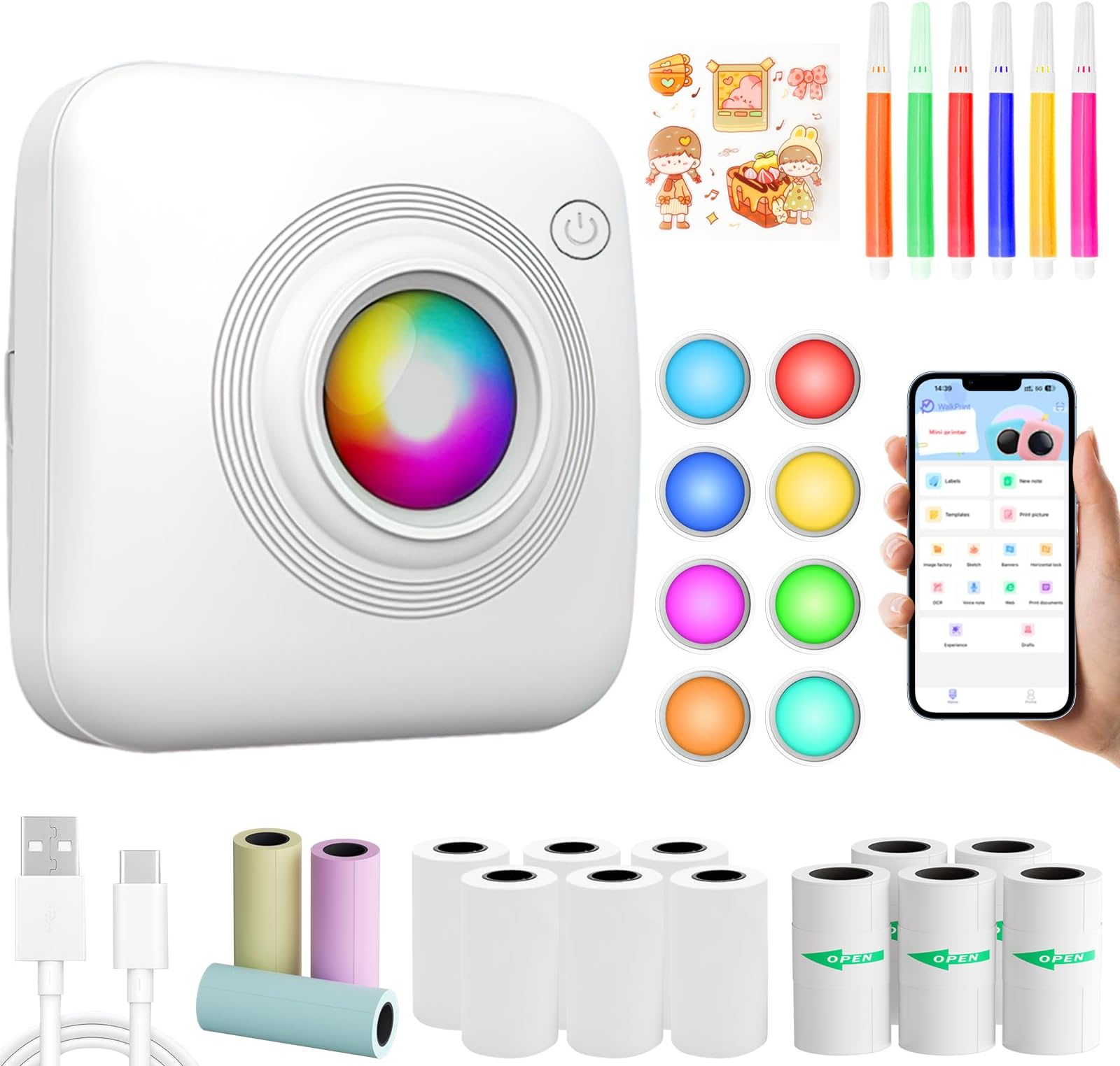 Hiyorsoa Sticker Printer with 14 Rolls Paper,Bluetooth Mini Printer ...