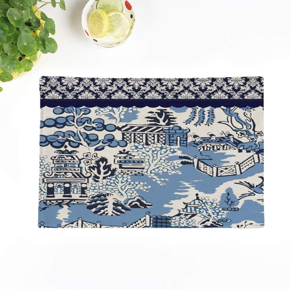 Amazon.com: rouihot Set of 4 Placemats Asian Blue White China Willow ...