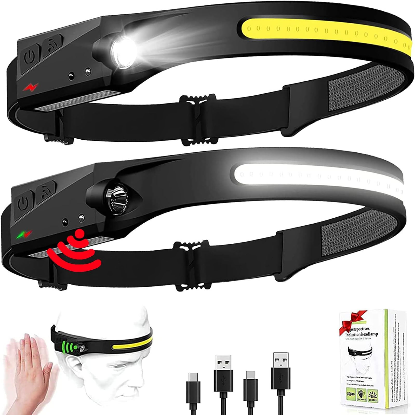 2 pcs Rechargeable LED Headlamp Flashlight, 230° Broadbeam Headlight ...