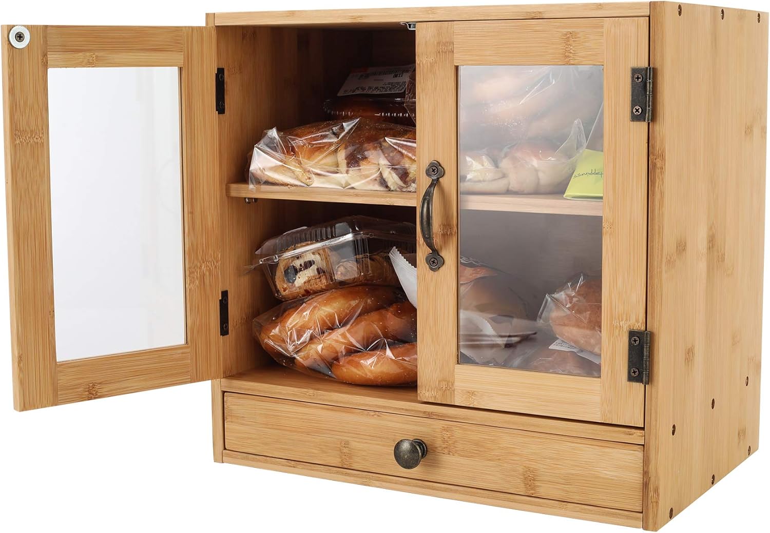 TQVAI Bamboo 2 Tier Bread Box with Clear Window and Cutlery Tray Double ...