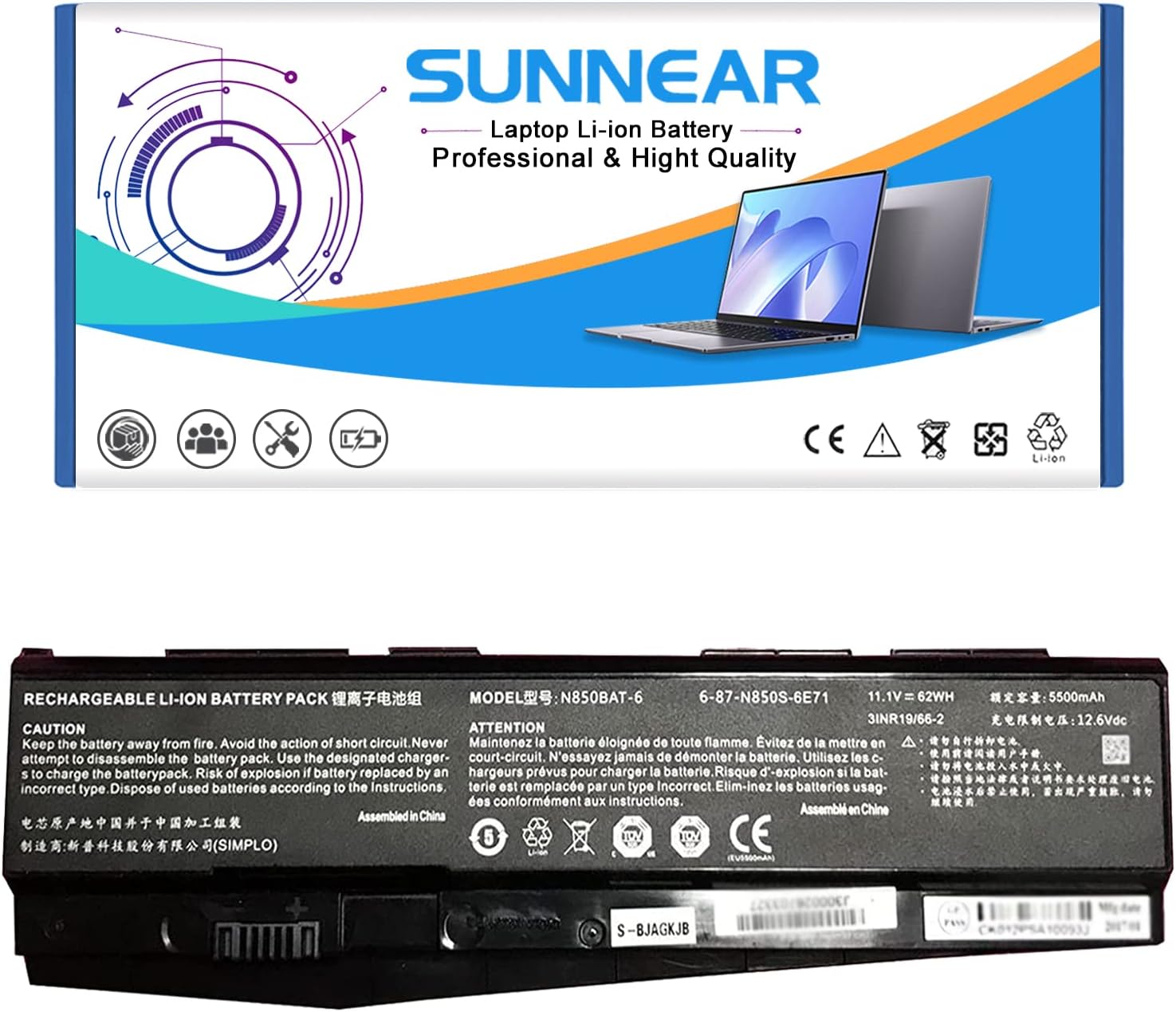 Amazon.com: SUNNEAR N850BAT-6 62Wh Battery Replacement for CLEVO N870 N870HK Z6-KP Z6-KP5GT Z7M ...