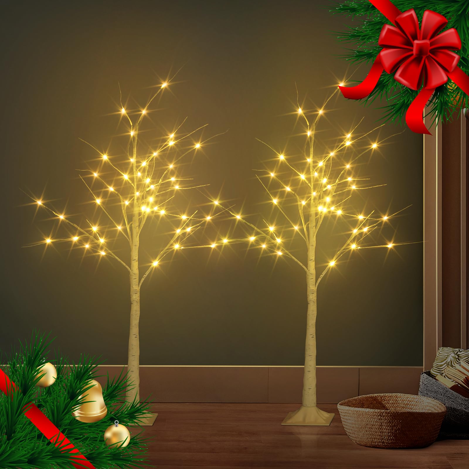 PINPON Lighted Birch Tree 2 Pack 4FT Outdoor Christmas Tree Christmas ...
